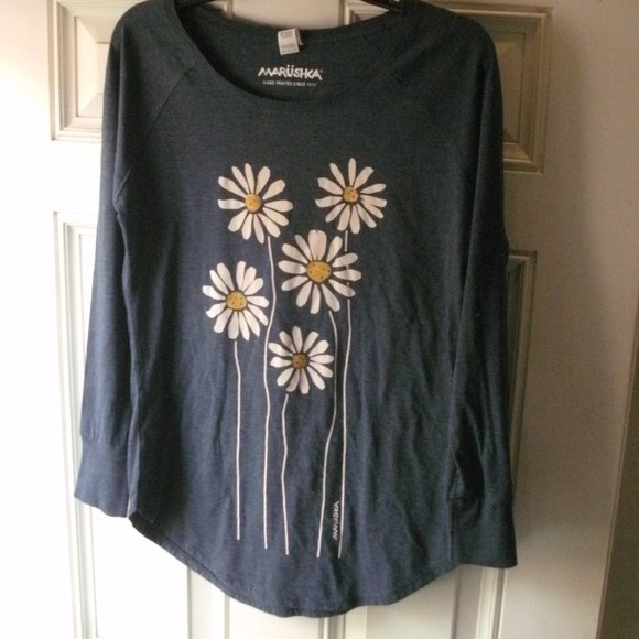 Marushka | Tops | Marushka Hand Printed Blue Long Sleeve Top Shirt With ...